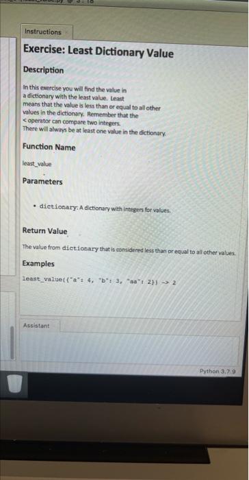 Solved Exercise: Least Dictionary Value Description In this | Chegg.com