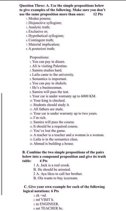 Question Three: A. Use the simple propositions below | Chegg.com