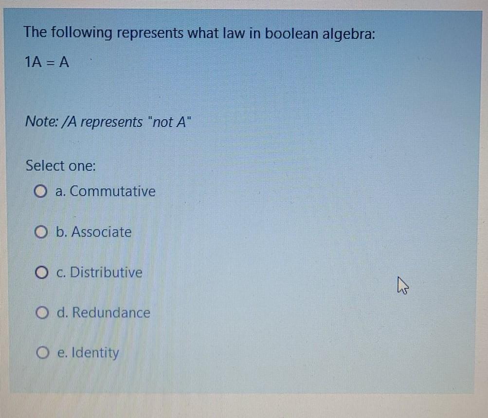 Solved The following represents what law in boolean algebra: | Chegg.com