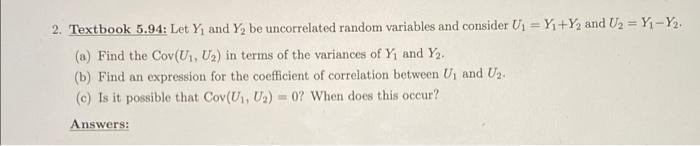 Solved 2. Textbook 5.94: Let Y, and Y, be uncorrelated | Chegg.com
