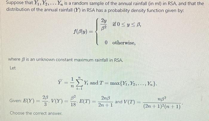 Suppose that Y1,Y2,…Yn is a random sample of the | Chegg.com