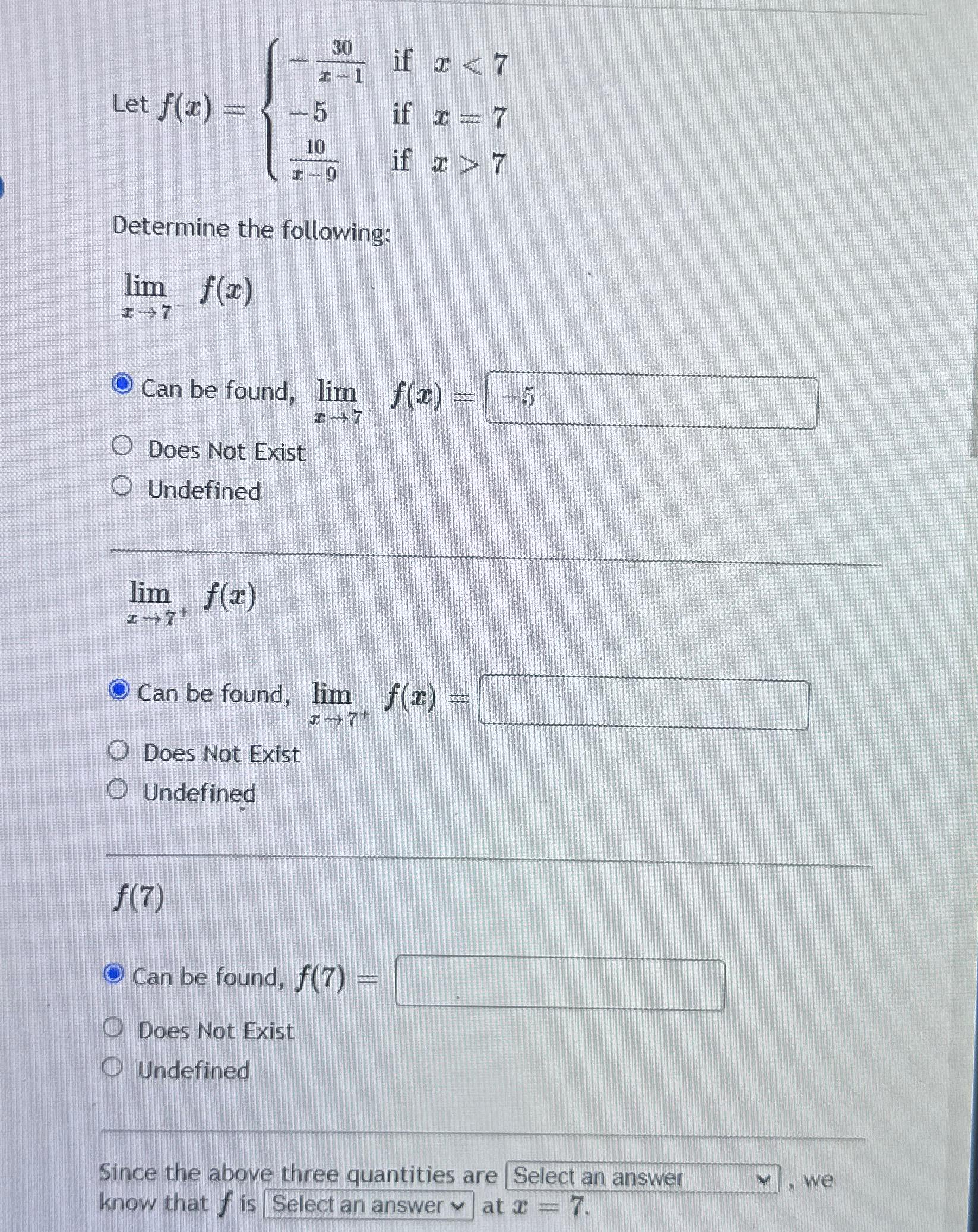 Solved Let f(x)={-30x-1 if x 7Determine | Chegg.com