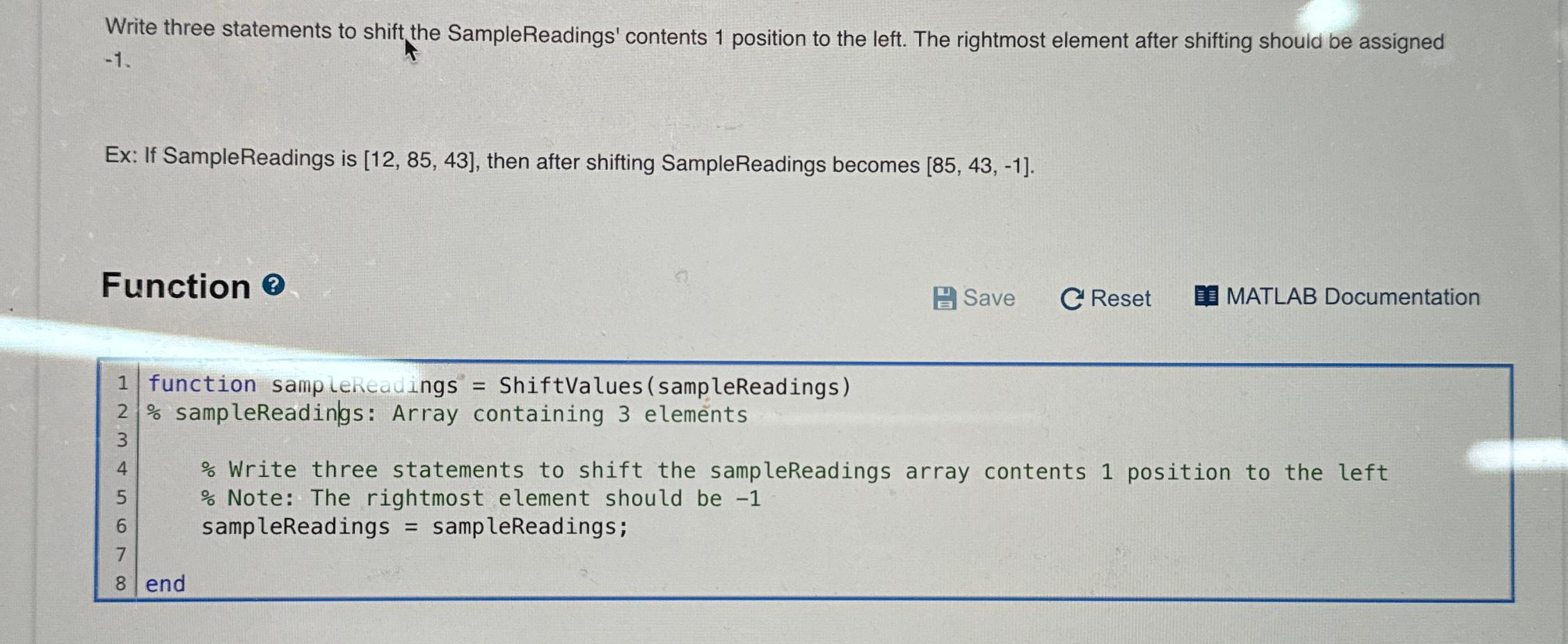 Solved Write three statements to shift the SampleReadings' | Chegg.com