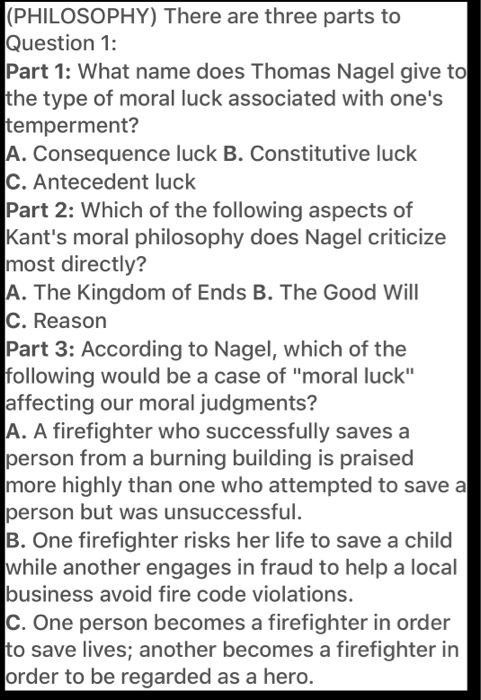 Solved (PHILOSOPHY) There are three parts to Question 1: | Chegg.com