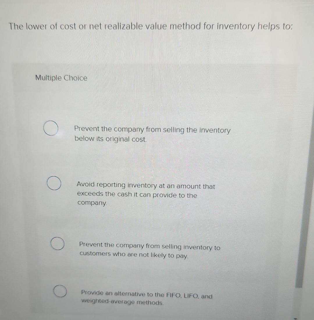 Solved The lower of cost or net realizable value method for | Chegg.com