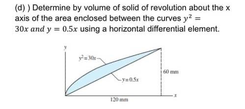 Solved (d) ) Determine by volume of solid of revolution | Chegg.com