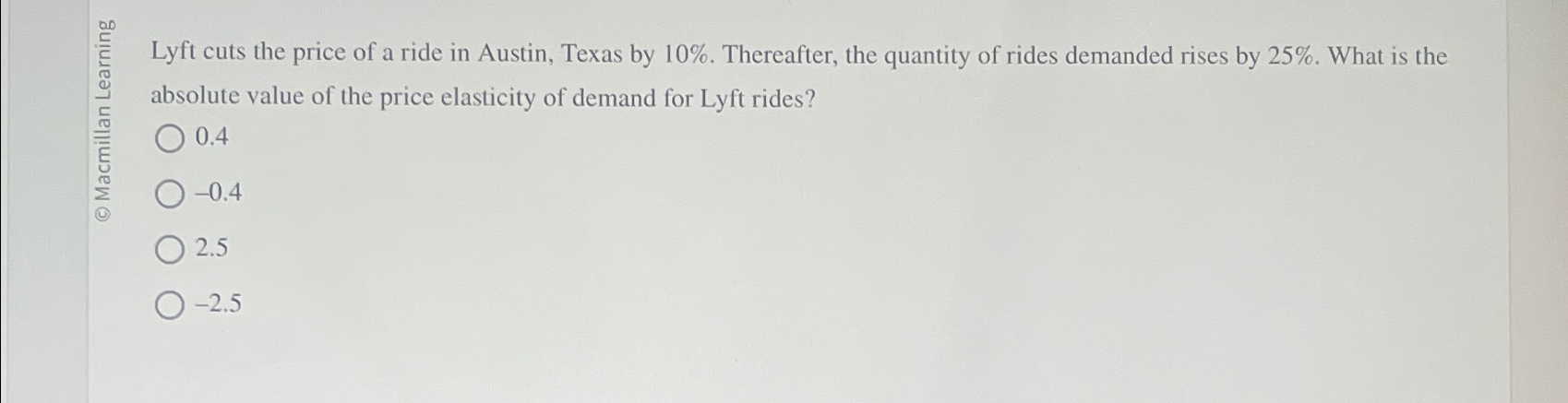 Solved absolute value of the price elasticity of demand for | Chegg.com