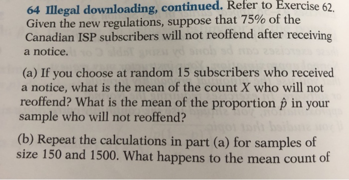 Solved 64 Illegal downloading, continued. Refer to Exercise | Chegg.com