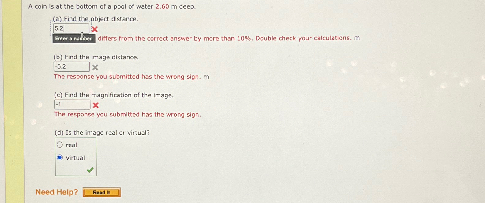 Solved A coin is at the bottom of a pool of water 2.60m | Chegg.com