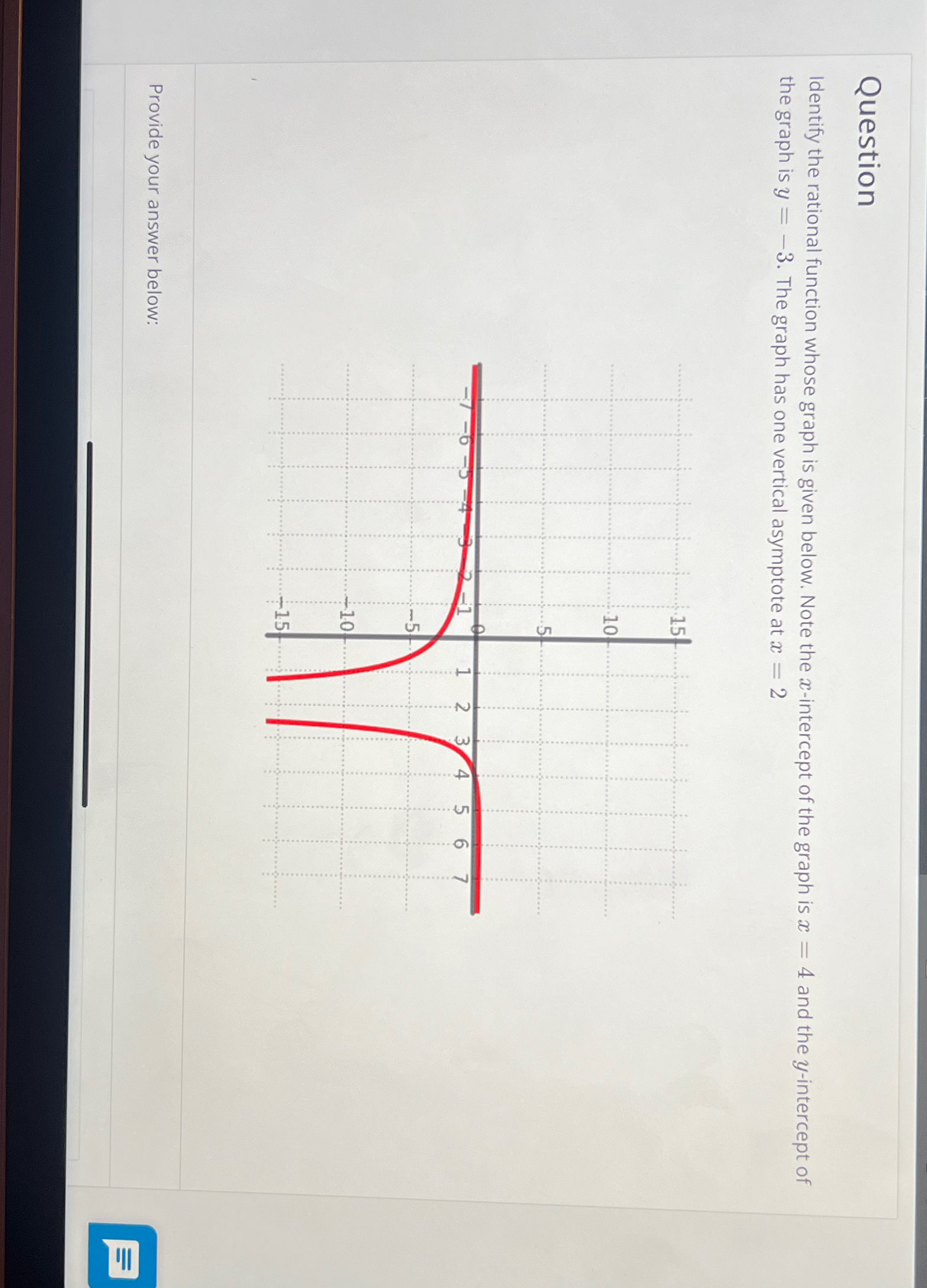 Solved QuestionIdentify the rational function whose graph is | Chegg.com