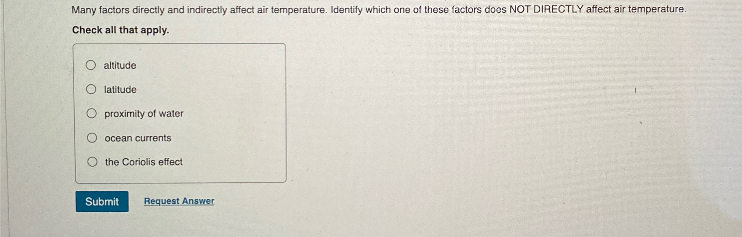Solved Many factors directly and indirectly affect air | Chegg.com