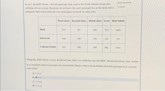 Solved In t912, the RMS Titanic, a Eritish passenger ship, | Chegg.com