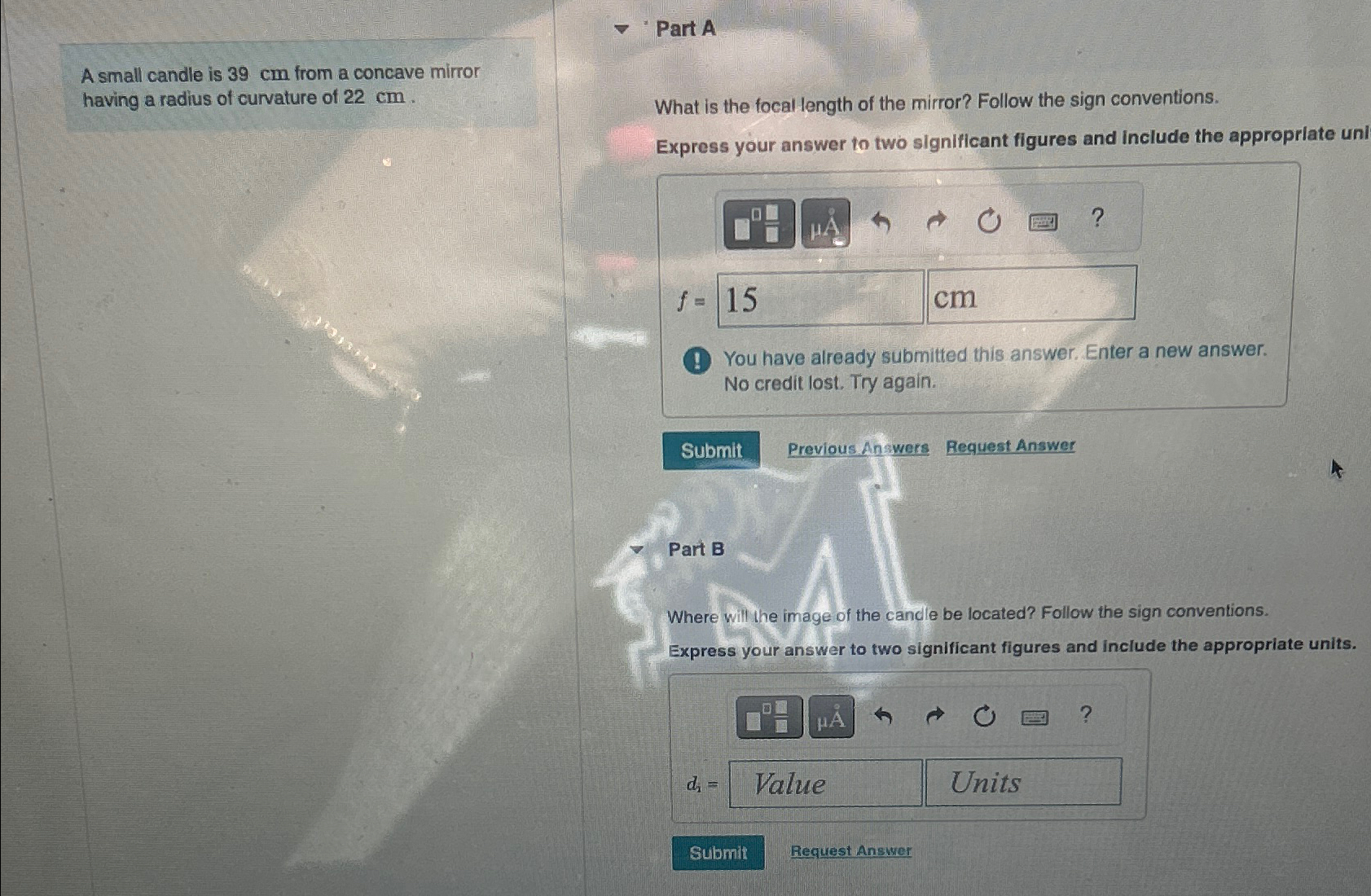 Solved Part AA small candle is 39cm ﻿from a concave mirror | Chegg.com