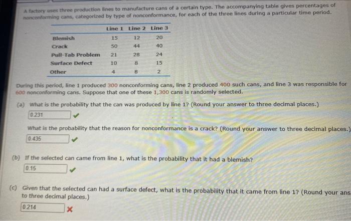 Solved A tactory uses three production lines to manufacture | Chegg.com