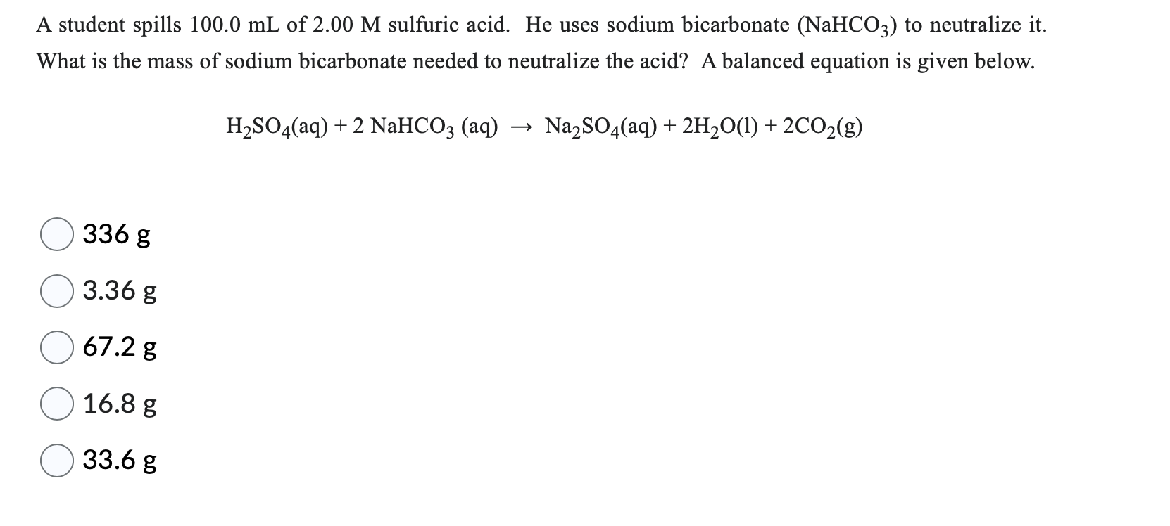 Solved A student spills 100.0mL ﻿of 2.00M ﻿sulfuric acid. He | Chegg.com