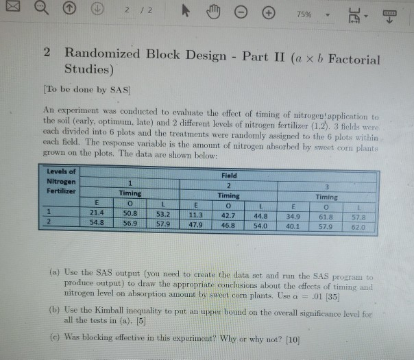 2 / 2 75% Part II (a x b Factorial 2 Randomized Block | Chegg.com