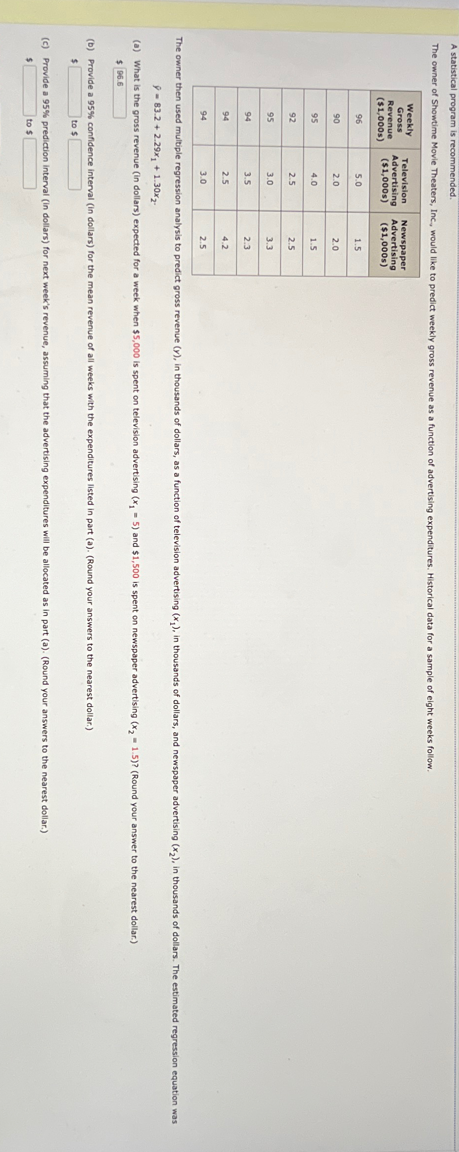 Solved A statistical program is recommended.The owner of | Chegg.com