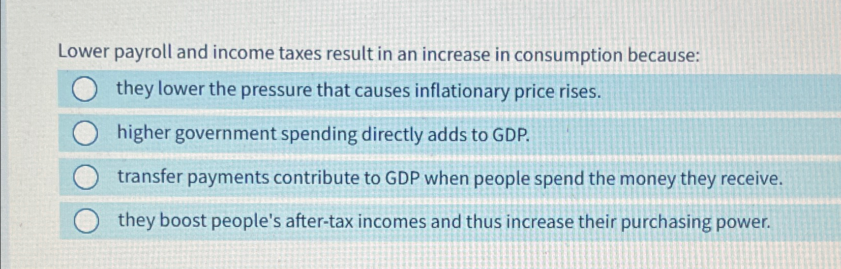 Solved Lower payroll and income taxes result in an increase | Chegg.com