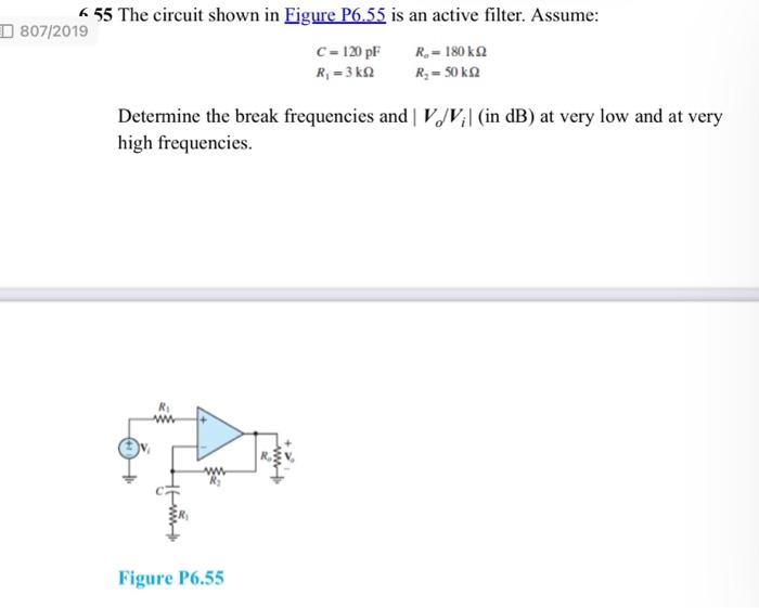 Solved 655 The circuit shown in Figure P6.55 is an active | Chegg.com