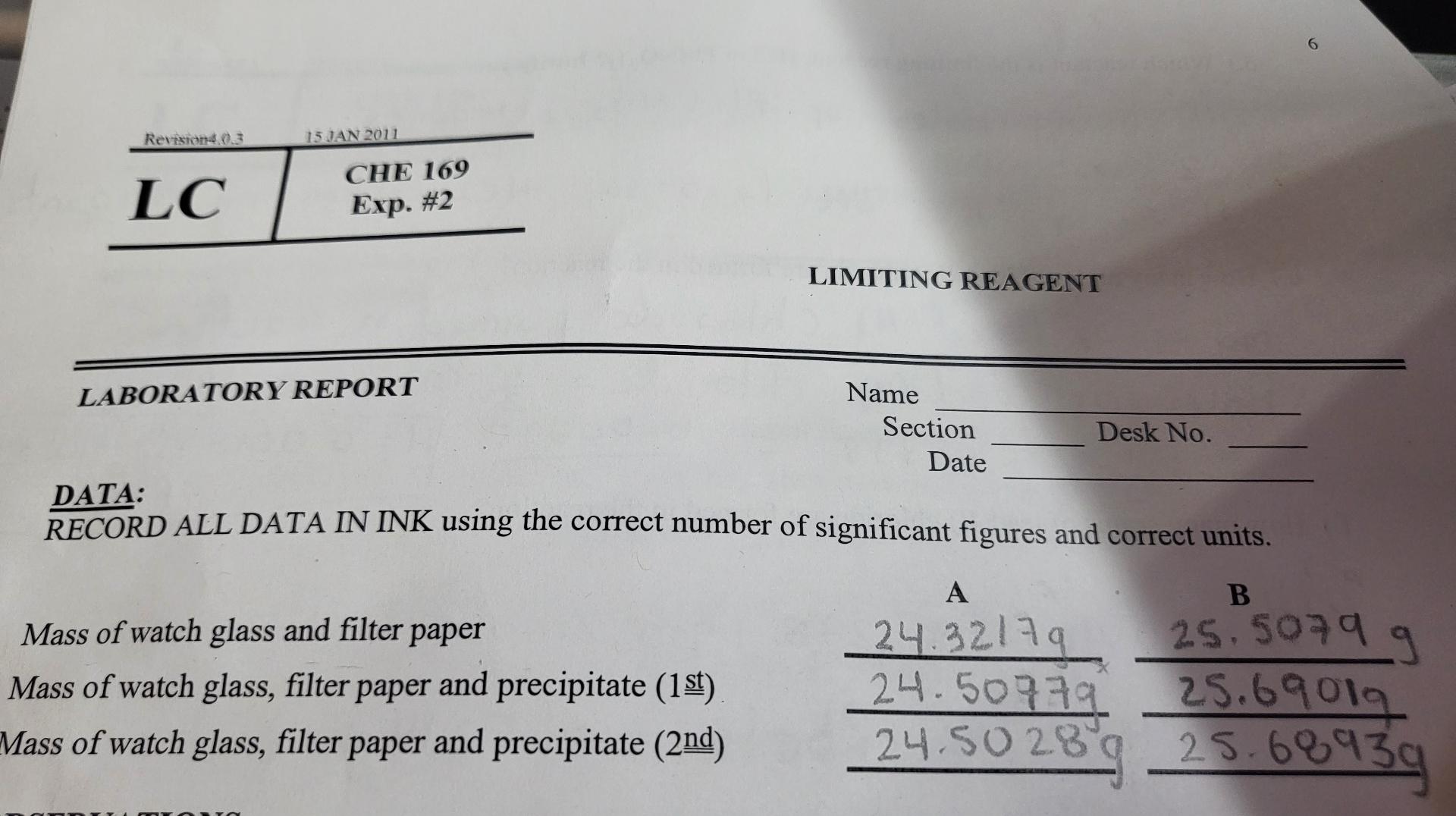 DATA: RECORD ALL DATA IN INK using the correct number | Chegg.com