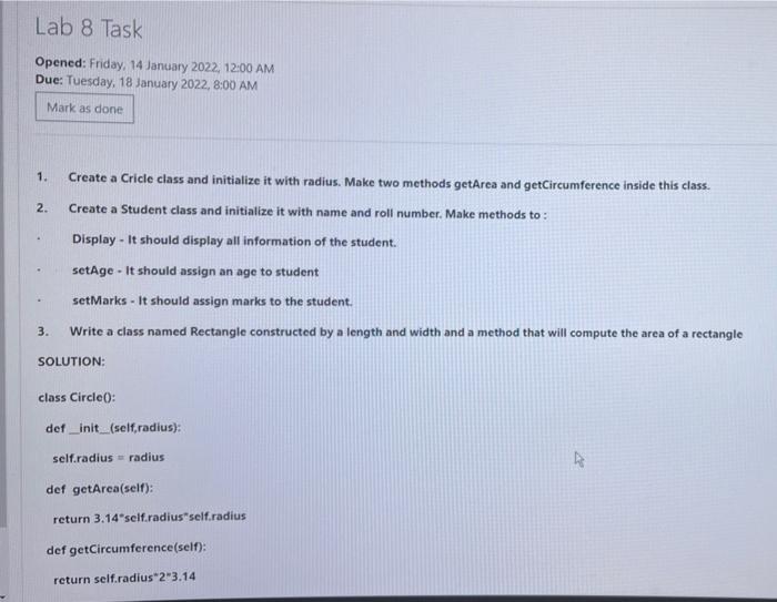 Solved Lab 8 Task Opened: Friday, 14 January 2022, 12:00 AM | Chegg.com