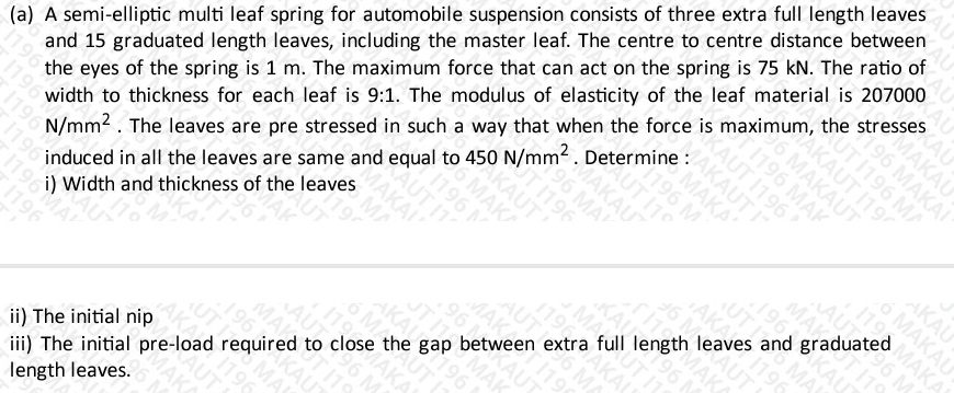Solved (a) ﻿A semi-elliptic multi leaf spring for automobile | Chegg.com