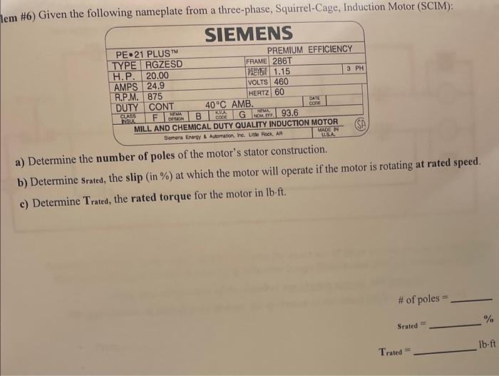 Solved a) Determine the number of poles of the motor's | Chegg.com