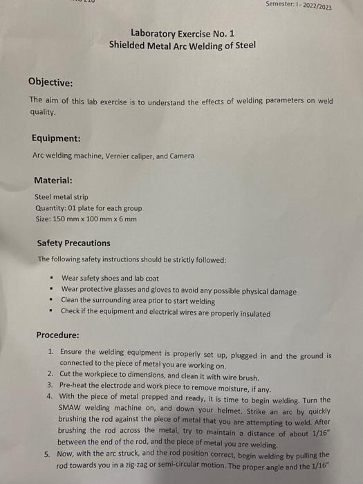 Solved Laboratory Exercise No. 1 Shielded Metal Arc Welding | Chegg.com