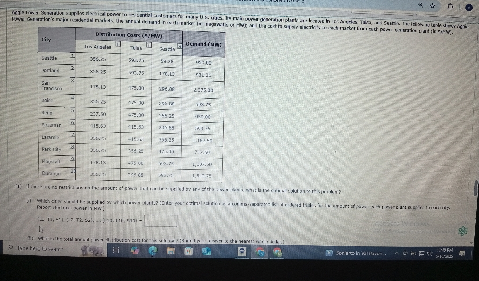 Solved Aggie Power Generation supplies electrical power to | Chegg.com