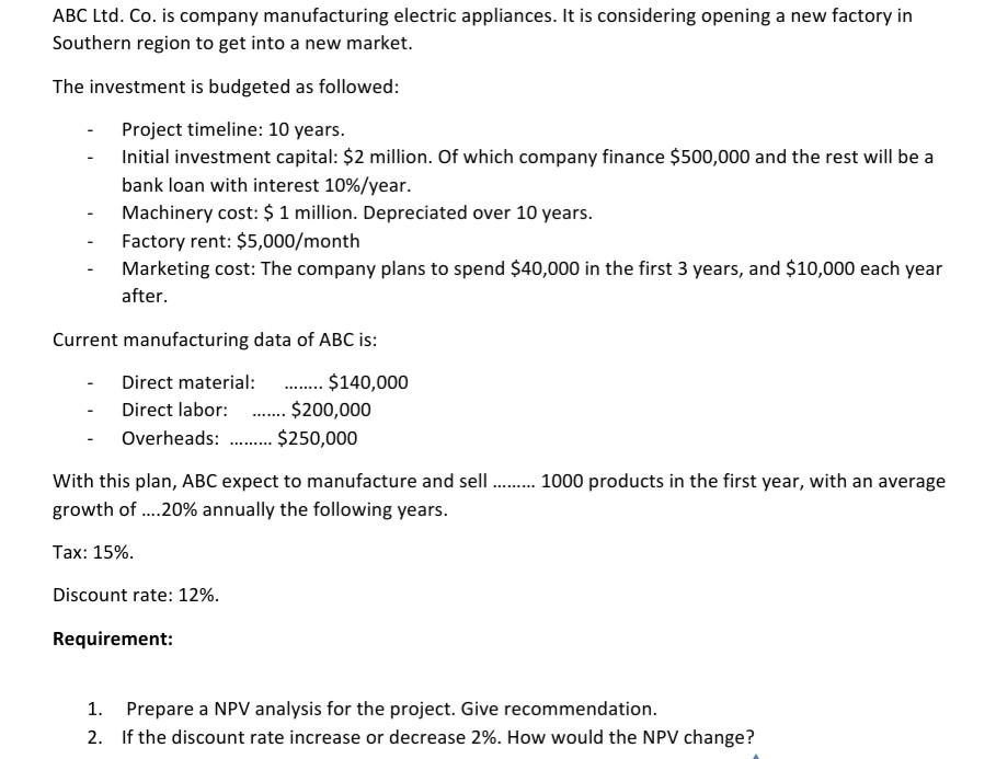 Solved ABC Ltd. Co. is company manufacturing electric | Chegg.com