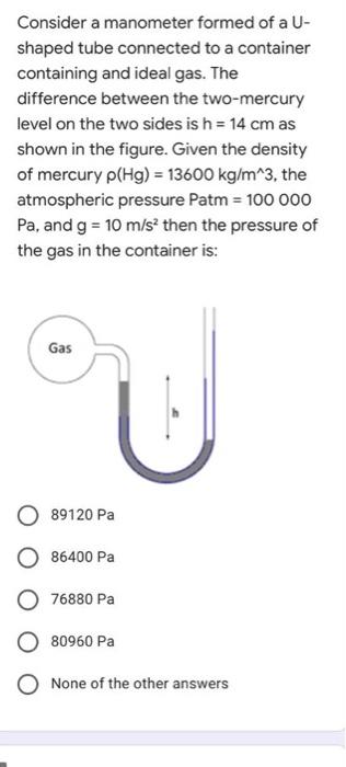Solved Consider a manometer formed of a U- shaped tube | Chegg.com