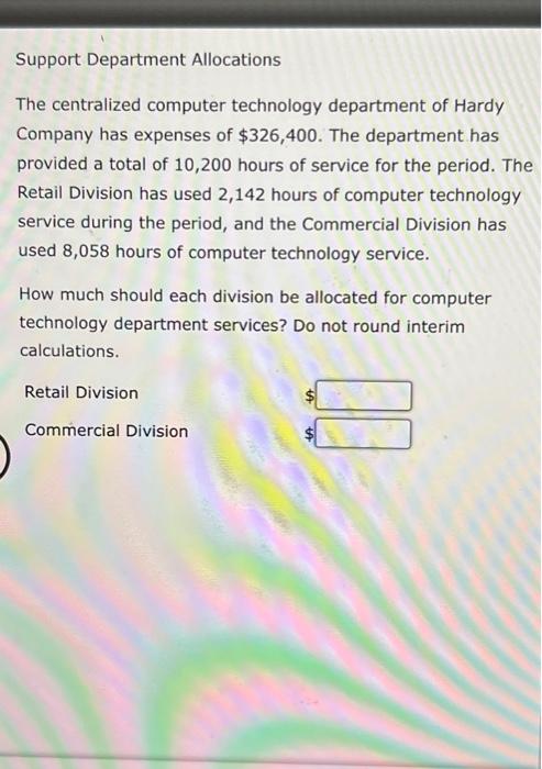 Solved Support Department Allocations The centralized | Chegg.com