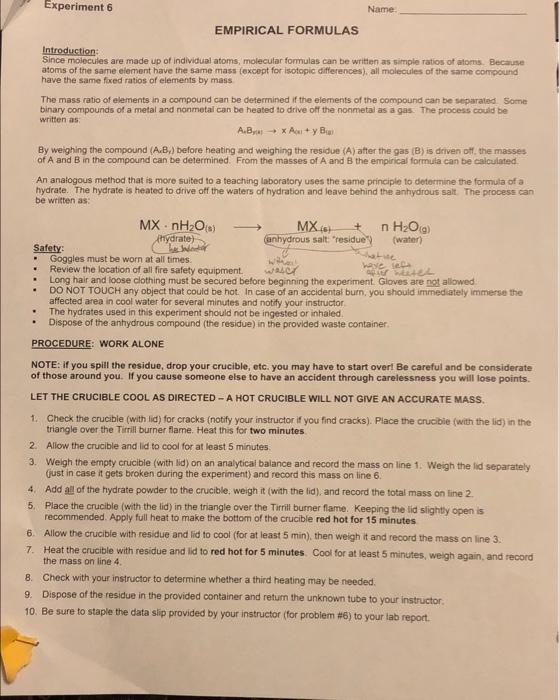 Solved Experiment 6 Name: EMPIRICAL FORMULAS Introduction: | Chegg.com