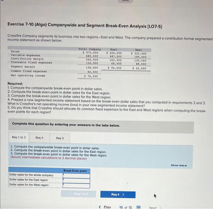 Solved Exercise 7-10 (Algo) Companywide and Segment | Chegg.com