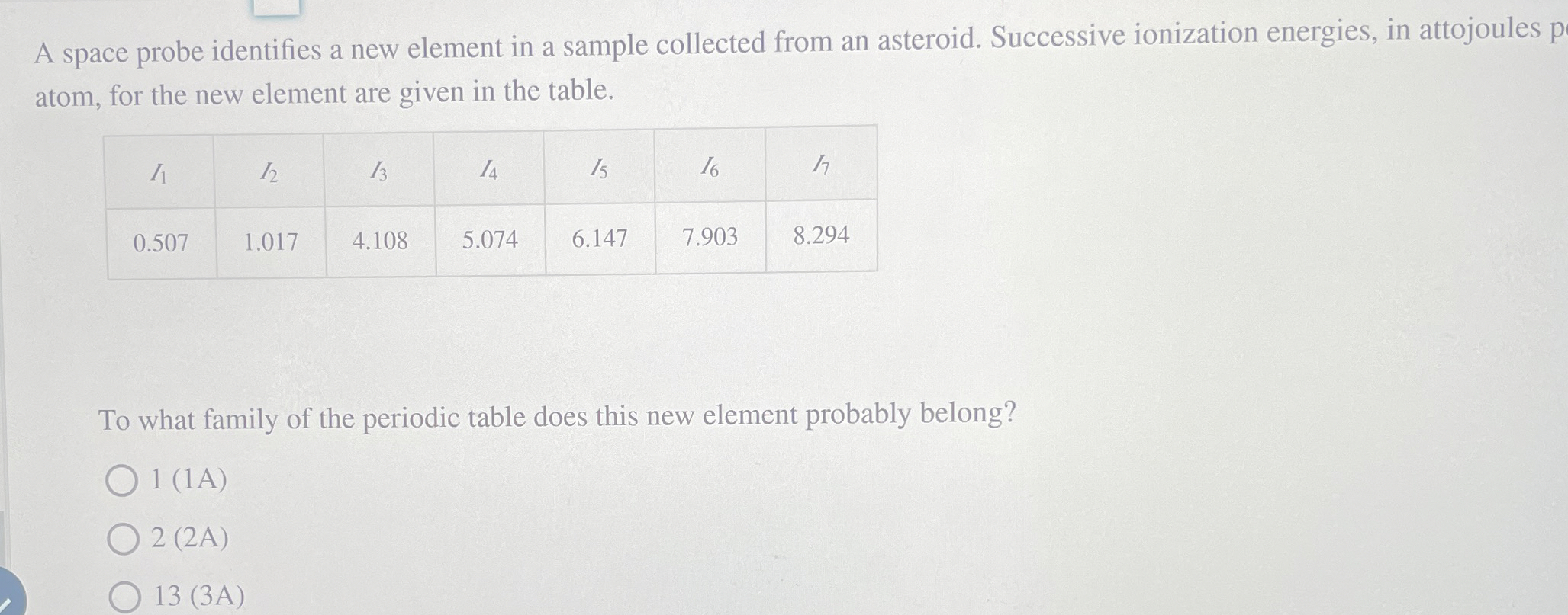 Solved A space probe identifies a new element in a sample | Chegg.com