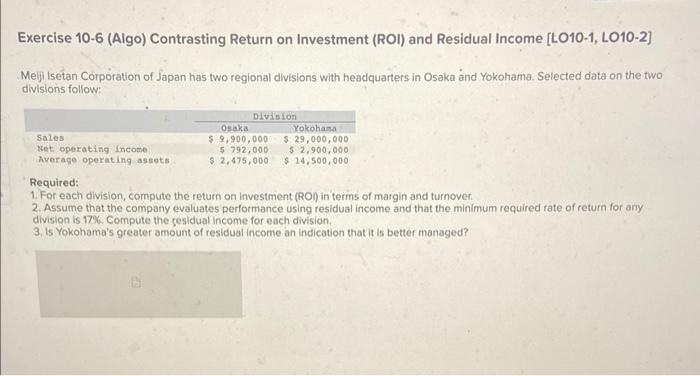Solved Exercise 10-6 (Algo) Contrasting Return on Investment | Chegg.com