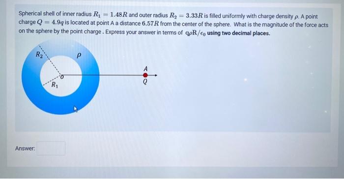 Solved Spherical shell of inner radius R1=1.48R and outer | Chegg.com