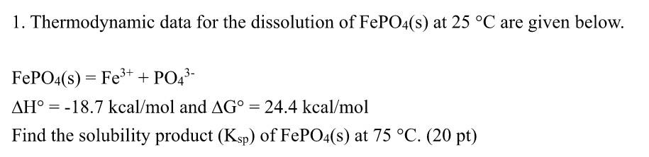 Solved 1. Thermodynamic data for the dissolution of FePO4(s) | Chegg.com