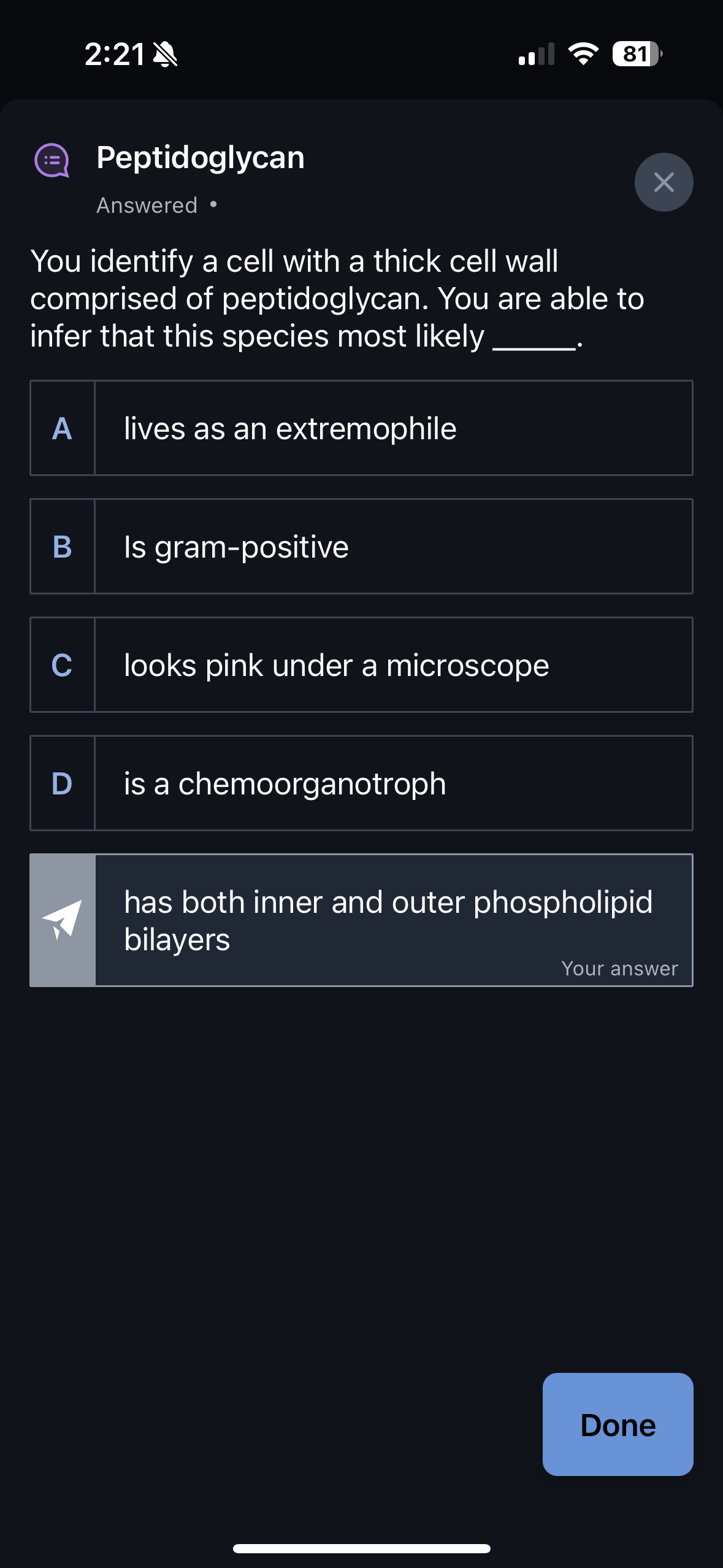 Solved 2:21२ 81PeptidoglycanAnswered *You identify a cell | Chegg.com