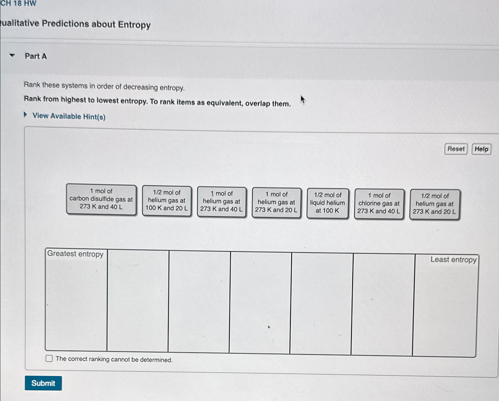 Solved 18HWualitative Predictions about EntropyPart ARank | Chegg.com