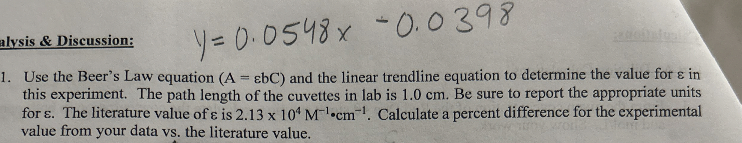 Solved y=0.0548x-0.0398Use the Beer's Law equation alysis & | Chegg.com