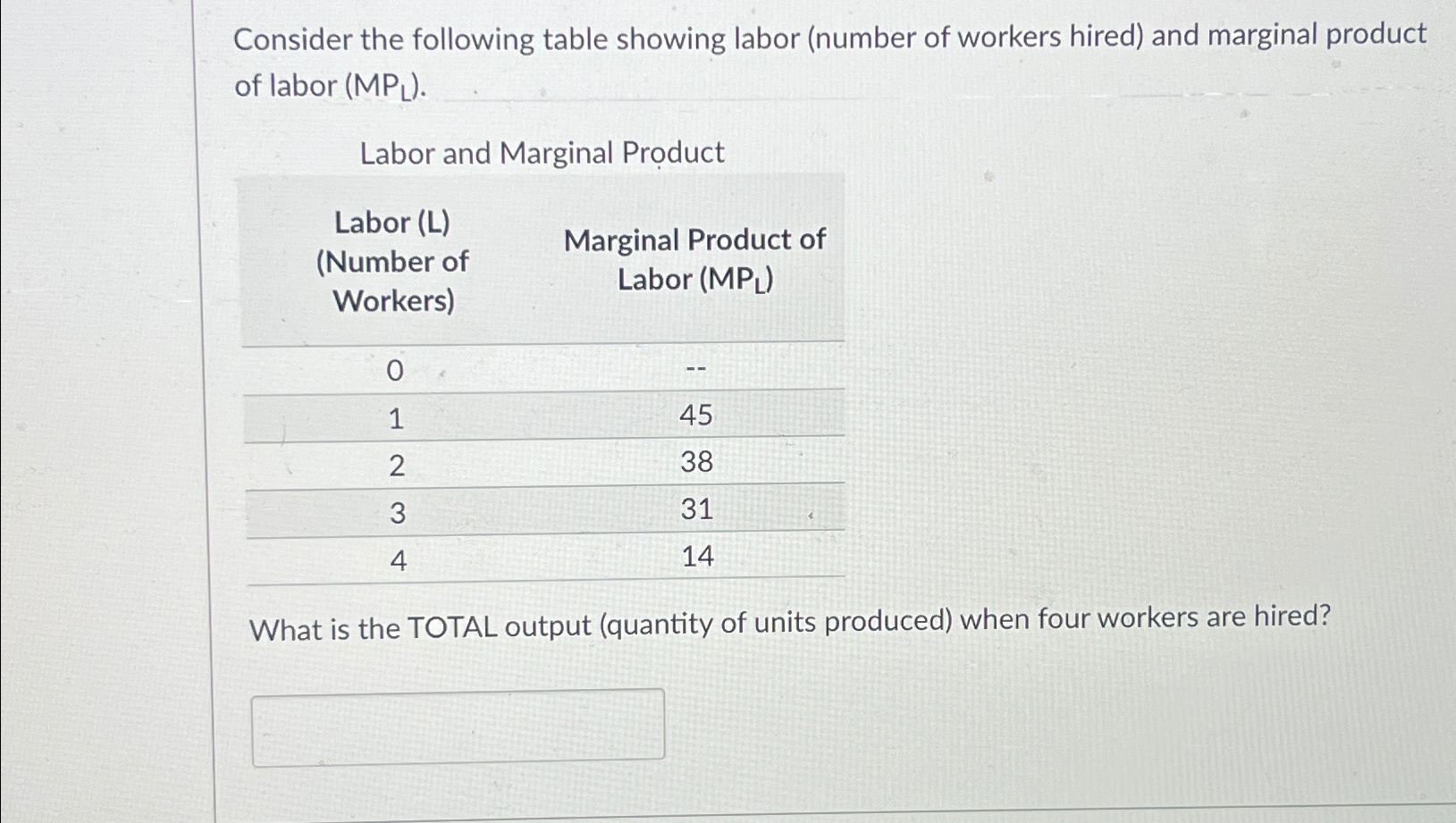 Solved Consider the following table showing labor (number of | Chegg.com