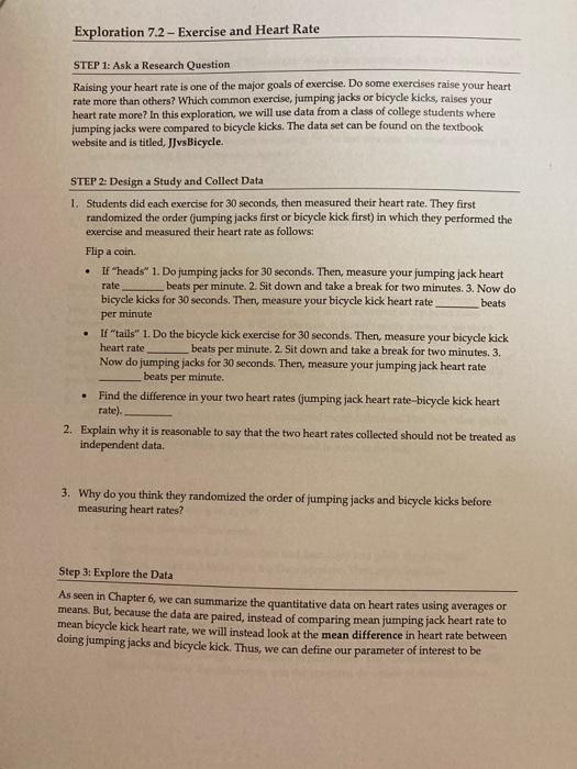 Exploration 7.2 - Exercise and Heart Rate STEP 1: Ask | Chegg.com