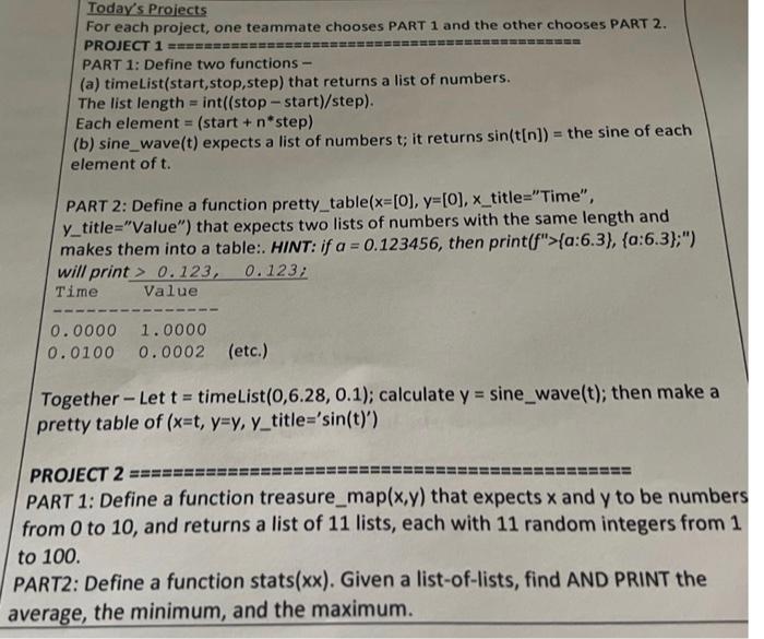 Solved Today's Projects For each project, one teammate | Chegg.com