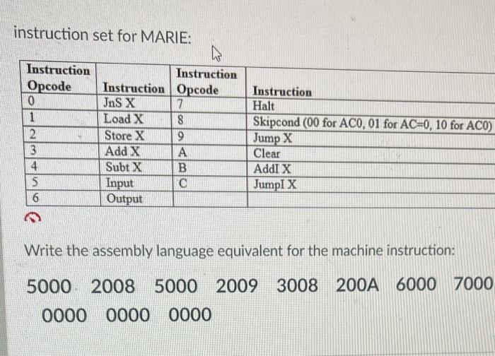 Solved instruction set for MARIE: Write the assembly | Chegg.com Solved instruction set for MARIE: Write the assembly | Chegg.com