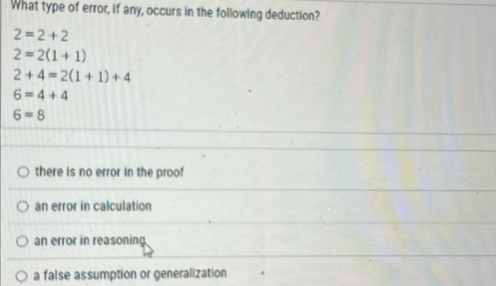 Solved What type of error, if any, occurs in the following | Chegg.com