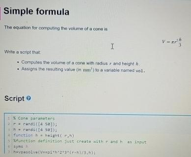 Solved Simple formulaThe equation for computing the volume | Chegg.com