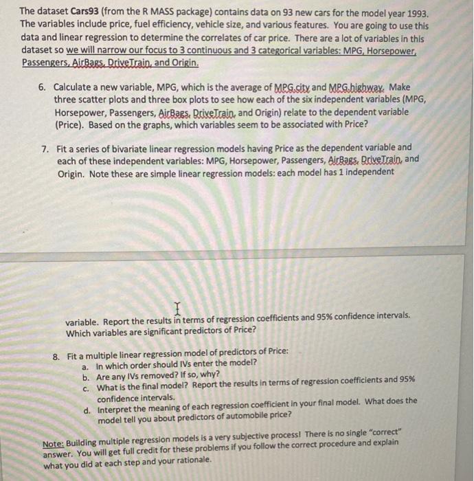 Solved The dataset Cars93 (from the R MASS package) contains | Chegg.com