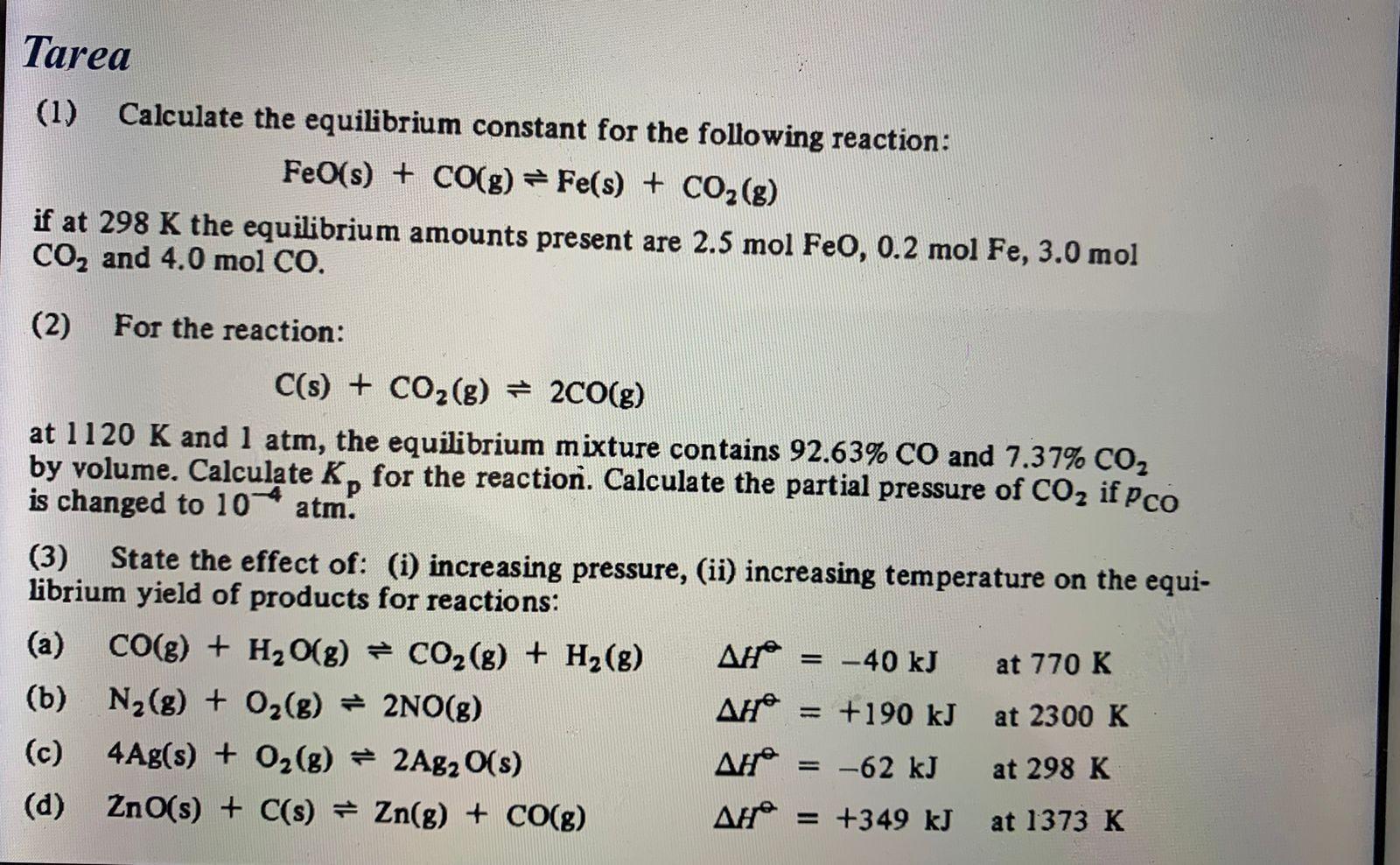 Solved (1) Calculate the equilibrium constant for the | Chegg.com