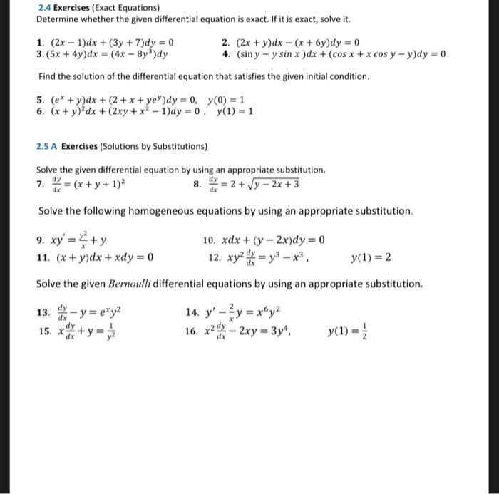 Solved 2.4 Exercises (Exact Equations) Determine whether the | Chegg.com